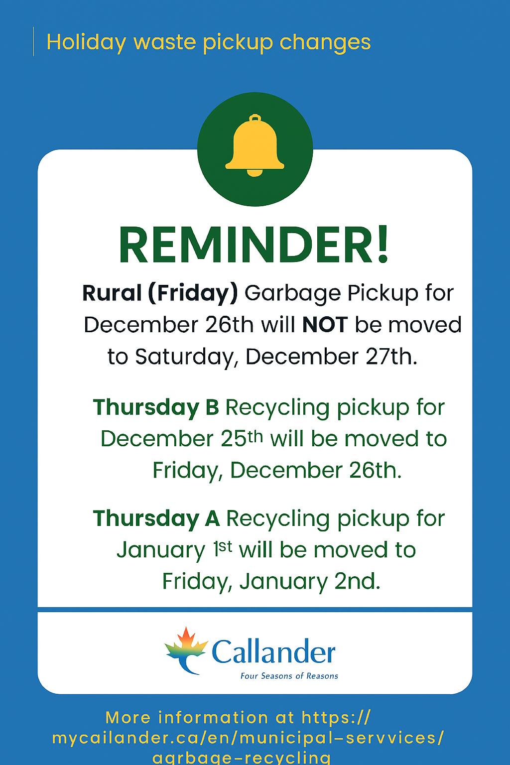 Holiday Waste Pickup Changes! | News & Alerts | Municipality of Callander